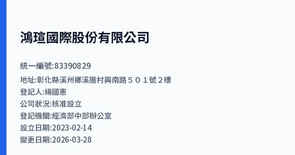 鴻瑄國際股份有限公司的照片-統編 83390829(彰化縣) 公司登記資料與營業項目詳細圖表