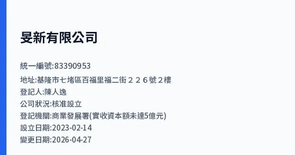 旻新有限公司的照片-統編 83390953(基隆市) 公司登記資料與營業項目詳細圖表