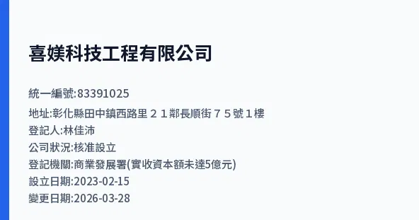 喜媄科技工程有限公司的照片-統編 83391025(彰化縣) 公司登記資料與營業項目詳細圖表