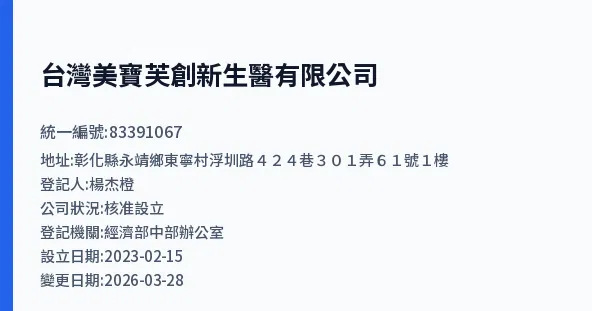 台灣美寶芙創新生醫有限公司的照片-統編 83391067(彰化縣) 公司登記資料與營業項目詳細圖表
