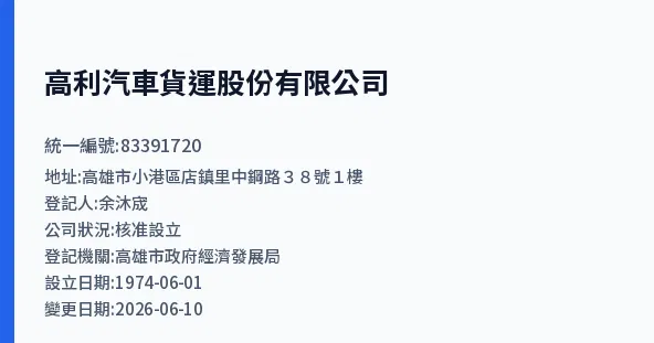 高利汽車貨運股份有限公司的照片-統編 83391720(高雄市) 公司登記資料與營業項目詳細圖表