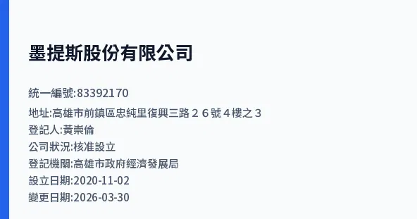 墨提斯股份有限公司的照片-統編 83392170(高雄市) 公司登記資料與營業項目詳細圖表