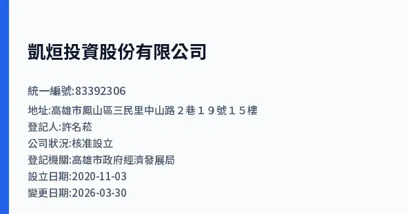 凱烜投資股份有限公司的照片-統編 83392306(高雄市) 公司登記資料與營業項目詳細圖表