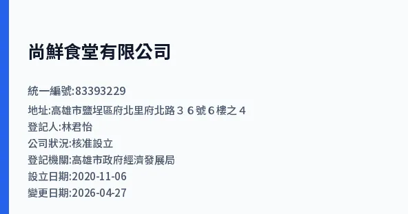 尚鮮食堂有限公司的照片-統編 83393229(高雄市) 公司登記資料與營業項目詳細圖表