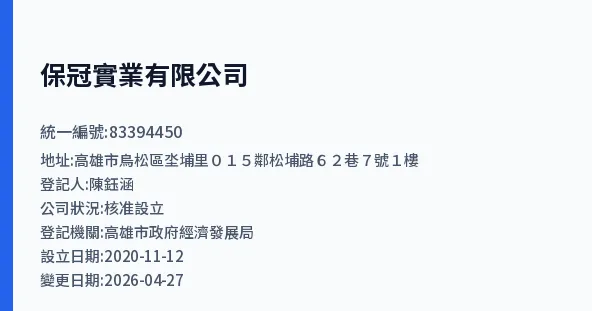 保冠實業有限公司的照片-統編 83394450(高雄市) 公司登記資料與營業項目詳細圖表