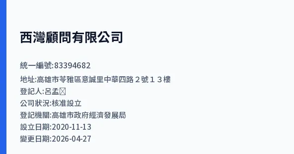 西灣顧問有限公司的照片-統編 83394682(高雄市) 公司登記資料與營業項目詳細圖表
