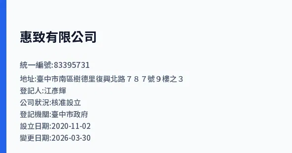 惠致有限公司的照片-統編 83395731(臺中市) 公司登記資料與營業項目詳細圖表