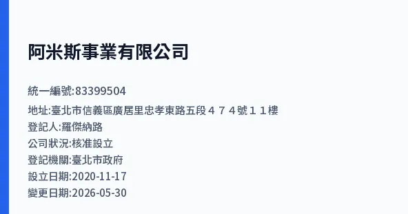 阿米斯事業有限公司的照片-統編 83399504(臺北市) 公司登記資料與營業項目詳細圖表
