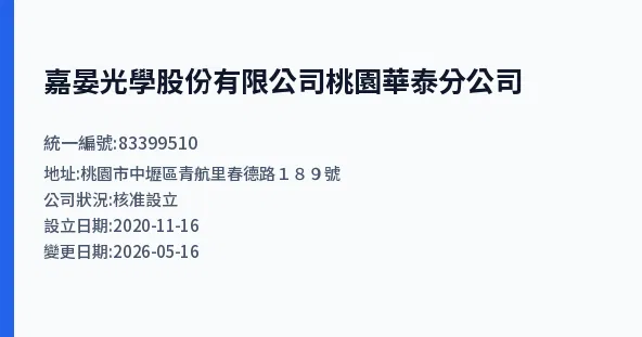 嘉晏光學股份有限公司桃園華泰分公司的照片-統編 83399510(桃園市) 公司登記資料與營業項目詳細圖表