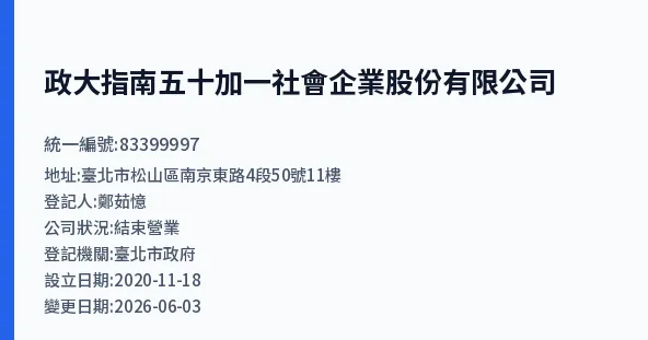 政大指南五十加一社會企業股份有限公司的照片-統編 83399997(臺北市) 公司登記資料與營業項目詳細圖表