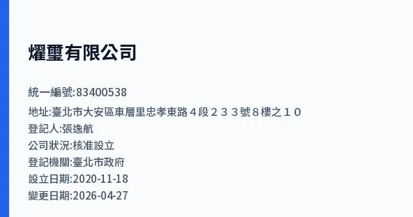 燿璽有限公司的照片-統編 83400538(臺北市) 公司登記資料與營業項目詳細圖表