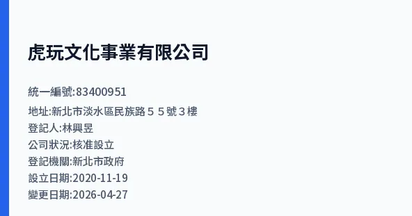 虎玩文化事業有限公司的照片-統編 83400951(新北市) 公司登記資料與營業項目詳細圖表