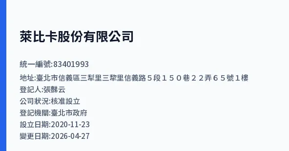 萊比卡股份有限公司的照片-統編 83401993(臺北市) 公司登記資料與營業項目詳細圖表