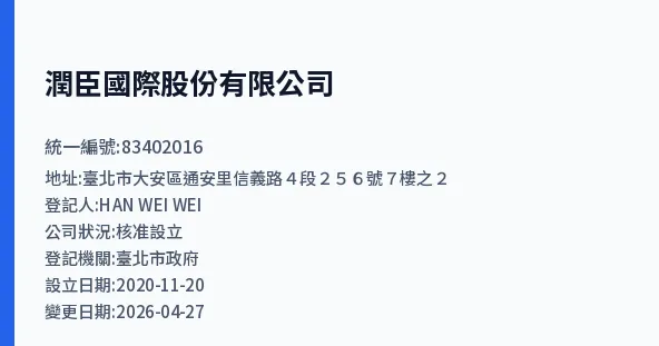 潤臣國際股份有限公司的照片-統編 83402016(臺北市) 公司登記資料與營業項目詳細圖表