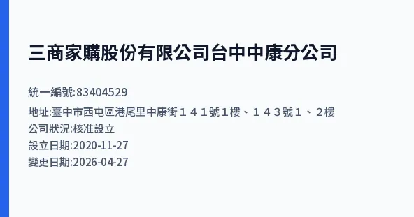 三商家購股份有限公司台中中康分公司的照片-統編 83404529(臺中市) 公司登記資料與營業項目詳細圖表