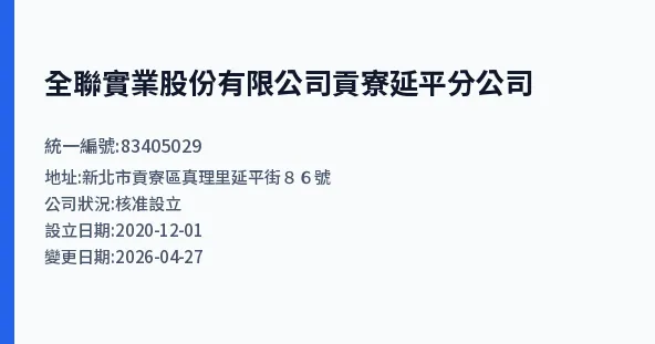 全聯實業股份有限公司貢寮延平分公司的照片-統編 83405029(新北市) 公司登記資料與營業項目詳細圖表