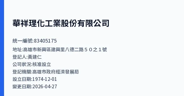 華祥理化工業股份有限公司的照片-統編 83405175(高雄市) 公司登記資料與營業項目詳細圖表