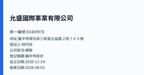 允盛國際事業有限公司的照片-統編 83405978(臺中市) 公司登記資料與營業項目詳細圖表
