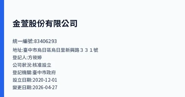 金萱股份有限公司的照片-統編 83406293(臺中市) 公司登記資料與營業項目詳細圖表