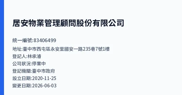 居安物業管理顧問股份有限公司的照片-統編 83406499(臺中市) 公司登記資料與營業項目詳細圖表
