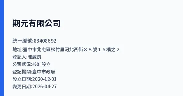 期元有限公司的照片-統編 83408692(臺中市) 公司登記資料與營業項目詳細圖表
