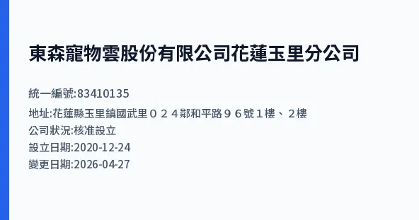 東森寵物雲股份有限公司花蓮玉里分公司的照片-統編 83410135(花蓮縣) 公司登記資料與營業項目詳細圖表