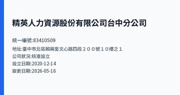 精英人力資源股份有限公司台中分公司的照片-統編 83410509(臺中市) 公司登記資料與營業項目詳細圖表
