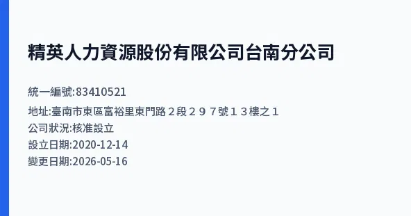 精英人力資源股份有限公司台南分公司的照片-統編 83410521(臺南市) 公司登記資料與營業項目詳細圖表