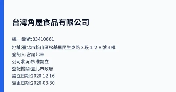 台灣角屋食品有限公司的照片-統編 83410661(臺北市) 公司登記資料與營業項目詳細圖表