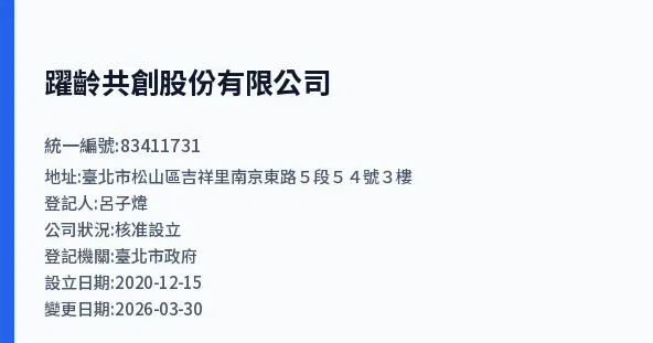 躍齡共創股份有限公司的照片-統編 83411731(臺北市) 公司登記資料與營業項目詳細圖表