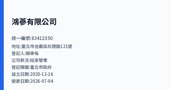 鴻蔘有限公司的照片-統編 83412350(臺北市) 公司登記資料與營業項目詳細圖表
