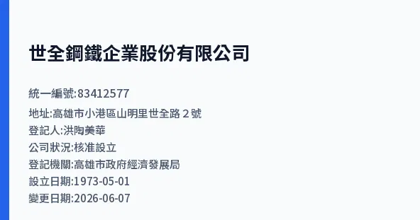 世全鋼鐵企業股份有限公司的照片-統編 83412577(高雄市) 公司登記資料與營業項目詳細圖表