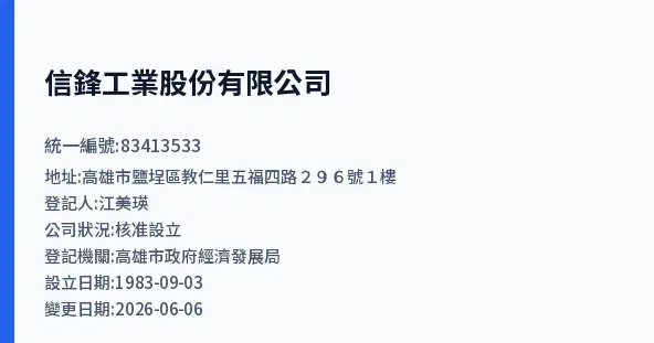 信鋒工業股份有限公司的照片-統編 83413533(高雄市) 公司登記資料與營業項目詳細圖表