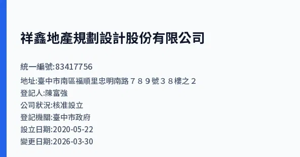 祥鑫地產規劃設計股份有限公司的照片-統編 83417756(臺中市) 公司登記資料與營業項目詳細圖表