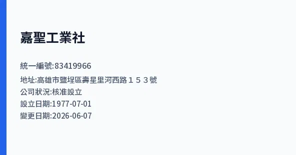 嘉聖工業社的照片-統編 83419966(高雄市) 公司登記資料與營業項目詳細圖表