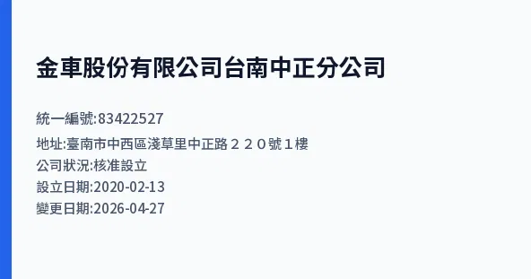 金車股份有限公司台南中正分公司的照片-統編 83422527(臺南市) 公司登記資料與營業項目詳細圖表