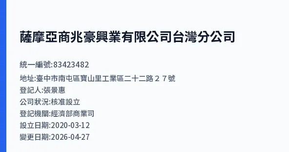 薩摩亞商兆豪興業有限公司台灣分公司的照片-統編 83423482(臺中市) 公司登記資料與營業項目詳細圖表