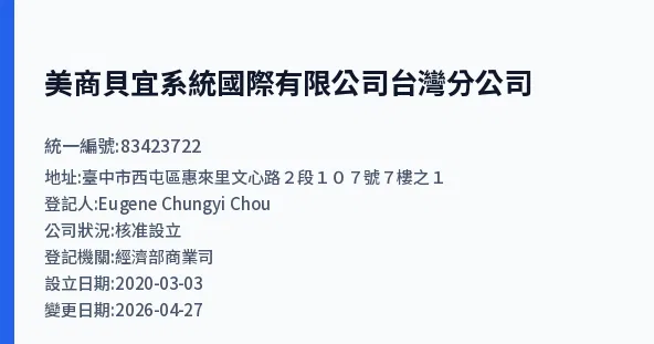美商貝宜系統國際有限公司台灣分公司的照片-統編 83423722(臺中市) 公司登記資料與營業項目詳細圖表