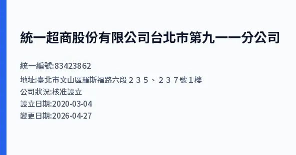 統一超商股份有限公司台北市第九一一分公司的照片-統編 83423862(臺北市) 公司登記資料與營業項目詳細圖表