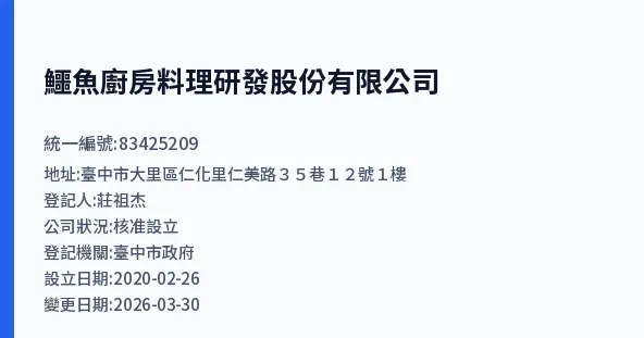 鱷魚廚房料理研發股份有限公司的照片-統編 83425209(臺中市) 公司登記資料與營業項目詳細圖表