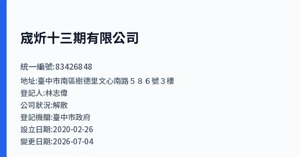 宬炘十三期有限公司的照片-統編 83426848(臺中市) 公司登記資料與營業項目詳細圖表