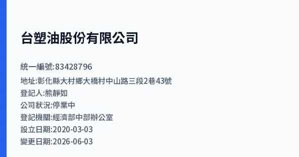 台塑油股份有限公司的照片-統編 83428796(彰化縣) 公司登記資料與營業項目詳細圖表