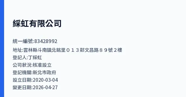 綵虹有限公司的照片-統編 83428992(雲林縣) 公司登記資料與營業項目詳細圖表