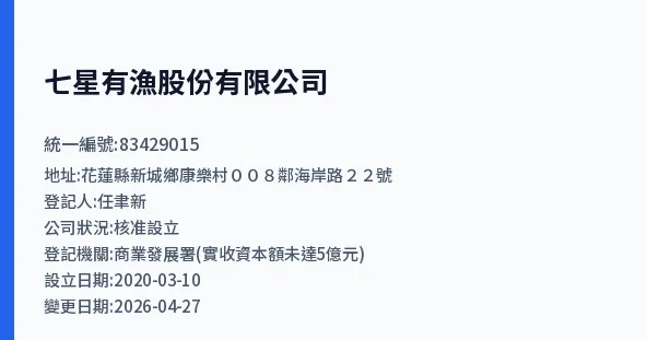 七星有漁股份有限公司的照片-統編 83429015(花蓮縣) 公司登記資料與營業項目詳細圖表