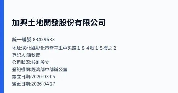 加興土地開發股份有限公司的照片-統編 83429633(彰化縣) 公司登記資料與營業項目詳細圖表