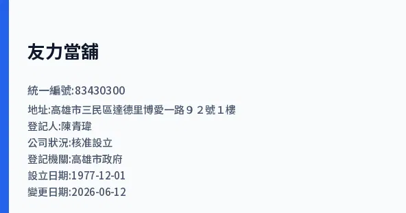 友力當舖的照片-統編 83430300(高雄市) 公司登記資料與營業項目詳細圖表