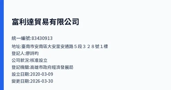 富利達貿易有限公司的照片-統編 83430913(臺南市) 公司登記資料與營業項目詳細圖表