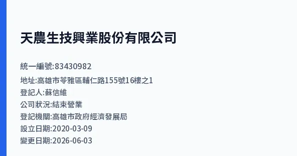 天農生技興業股份有限公司的照片-統編 83430982(高雄市) 公司登記資料與營業項目詳細圖表