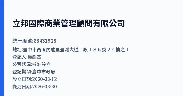 立邦國際商業管理顧問有限公司的照片-統編 83431928(臺中市) 公司登記資料與營業項目詳細圖表