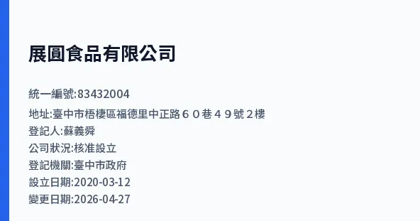 展圓食品有限公司的照片-統編 83432004(臺中市) 公司登記資料與營業項目詳細圖表